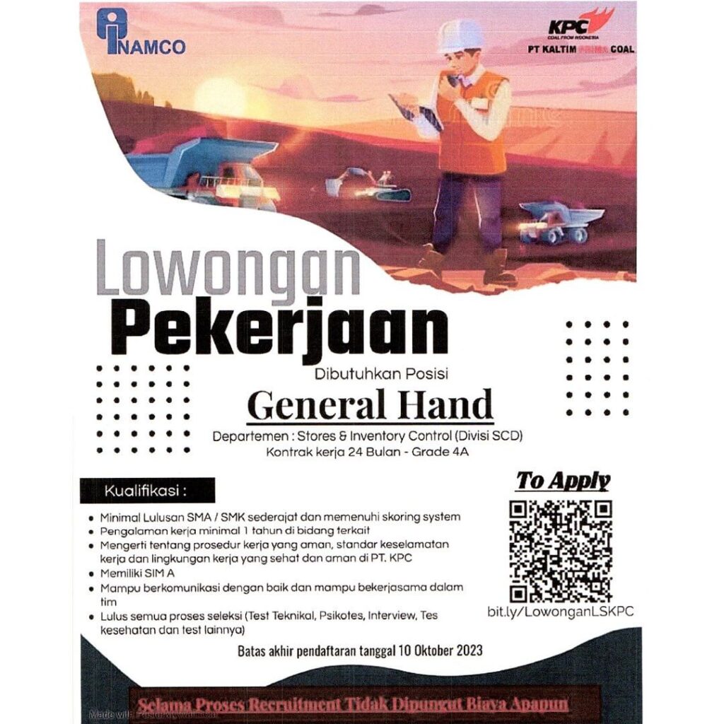 Link Pendaftaran Lowongan Kerja Inamco Penempatan PT KPC, Dibuka hingga 11 Oktober 2023 - SELISIK.ID